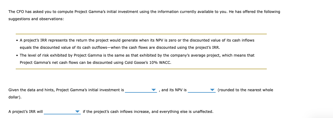 The CFO has asked you to compute Project Gamma's | Chegg.com