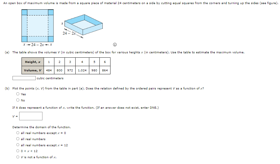 cubic centimeters (b) Plot the points (x,V) from the | Chegg.com