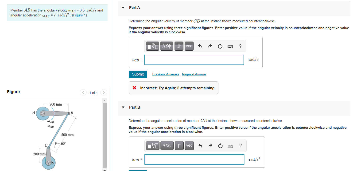Solved Part A Member AB has the angular velocity WAB = 3.5 | Chegg.com