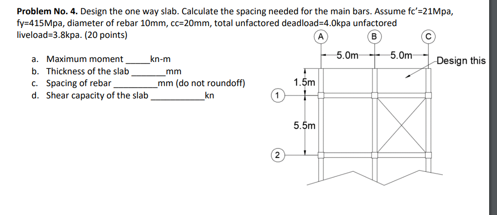 Solved Problem No. 4. Design the one way slab. Calculate the | Chegg.com