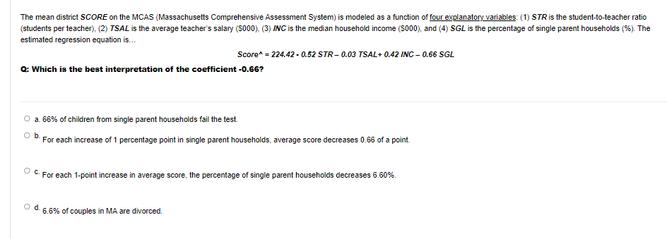 Solved The mean district SCORE on the MCAS (Massachusetts | Chegg.com