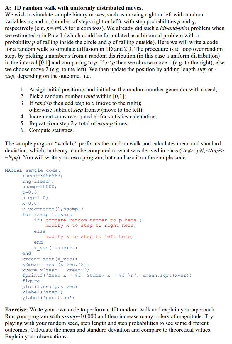 Solved A: 10 random walk with uniformly distributed moves. | Chegg.com