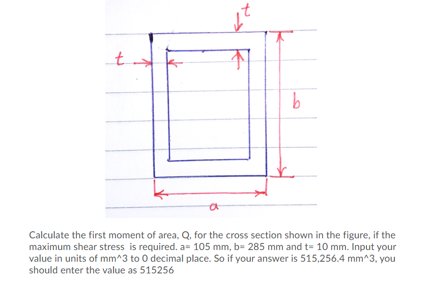 Solved t b a Calculate the first moment of area, Q, for the | Chegg.com