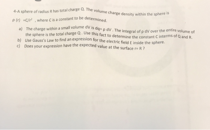 Solved total charge Q. The volume charge density within the | Chegg.com