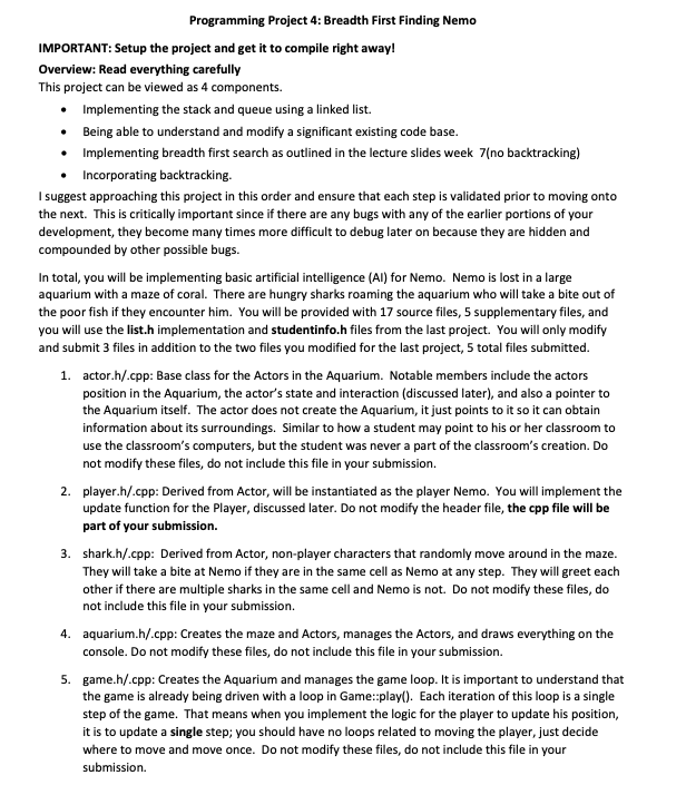 Solved Programming Project 4: Breadth First Finding Nemo | Chegg.com