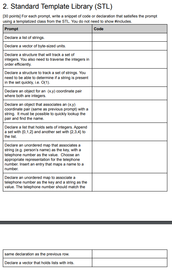 Solved 2. Standard Template Library (STL) [30 points] For | Chegg.com