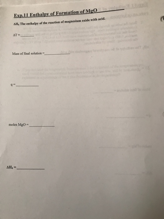 Exp.11 Enthalpy of Formation of MgO PRELAB QUESTIONS | Chegg.com