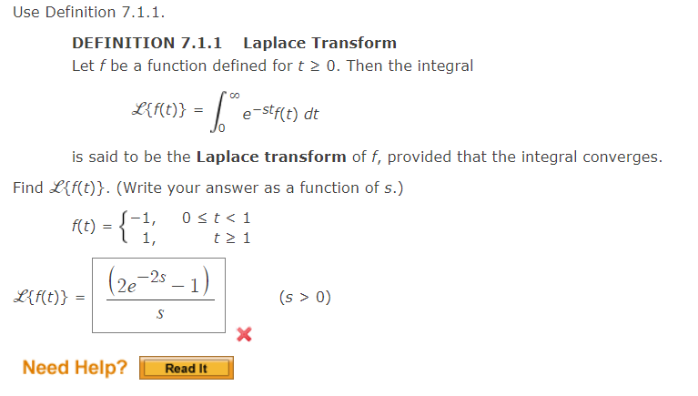 Solved DEFINITION 7.1.1 Laplace Transform Let f be a | Chegg.com