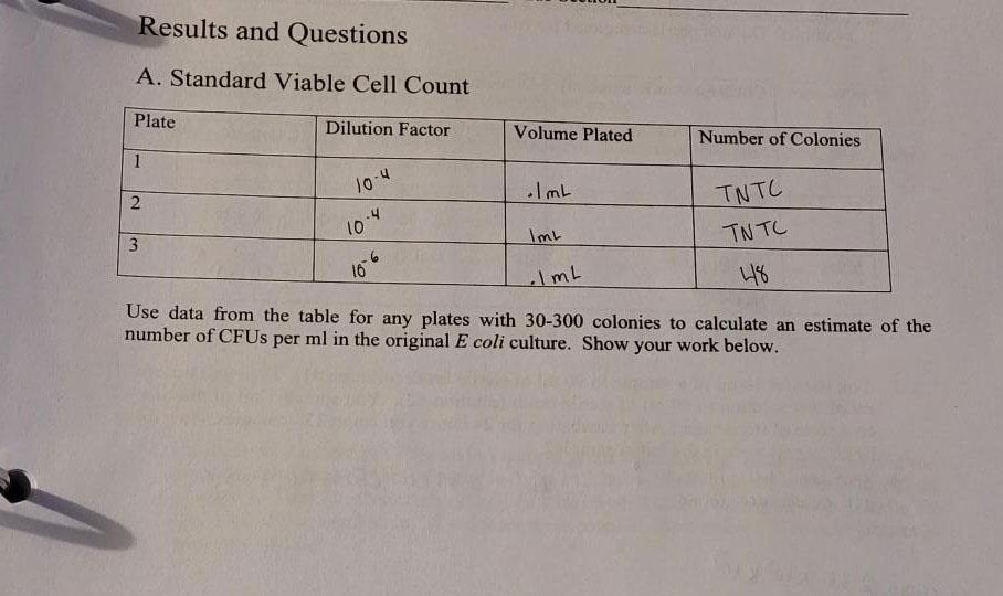 Solved Results and Questions A. Standard Viable Cell Count | Chegg.com