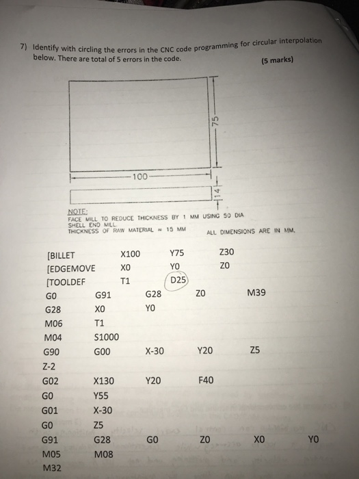 Solved 7) Identify with circling the errors in the CNC code | Chegg.com