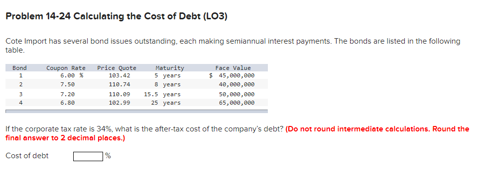 Solved Problem 14-24 Calculating the Cost of Debt (LO3) Cote | Chegg.com