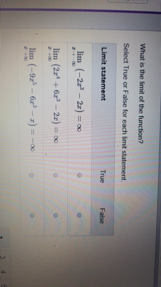 Solved 41 What is the limit of the function? Select True or | Chegg.com