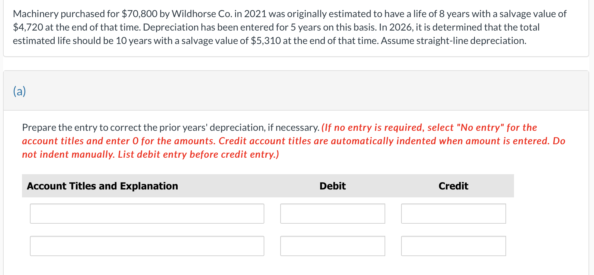 Solved Machinery purchased for $70,800 by Wildhorse Co. in | Chegg.com