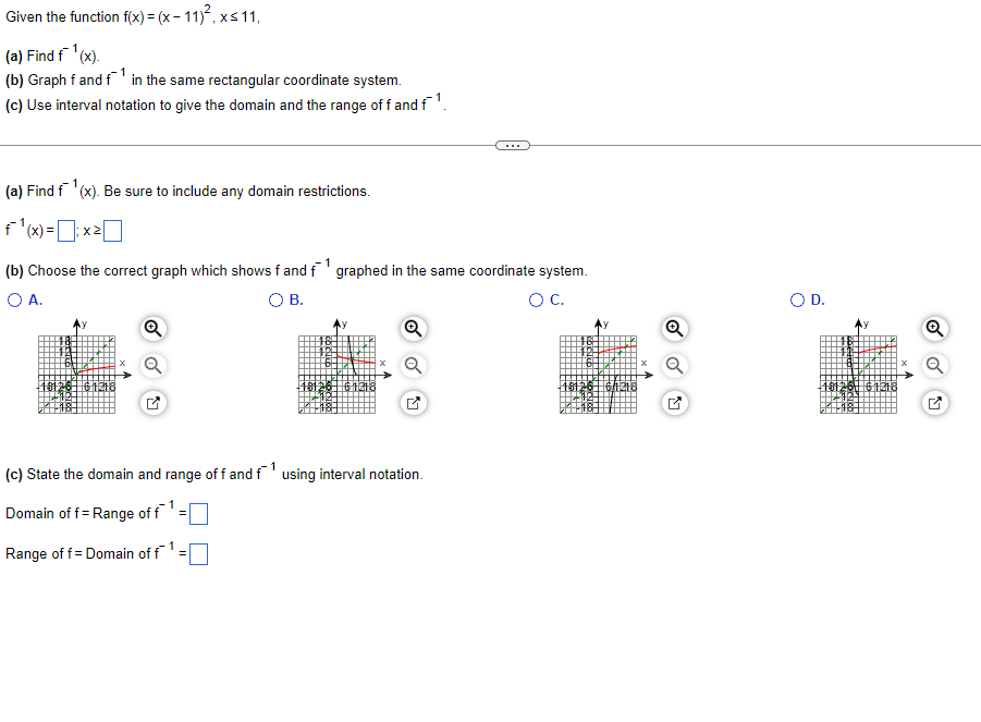 Solved Given the function f(x)=(x−11)2,x≤11, (a) Find f−1(x) | Chegg.com