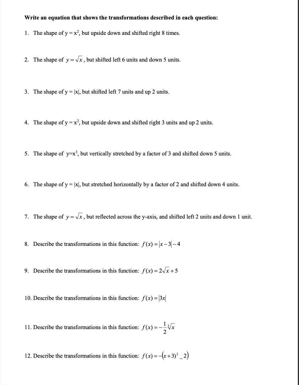 Solved Write an equation that shows the transformations | Chegg.com