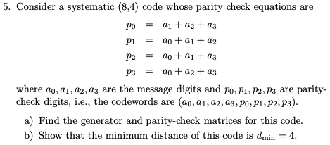5. Consider a systematic (8,4) code whose parity | Chegg.com