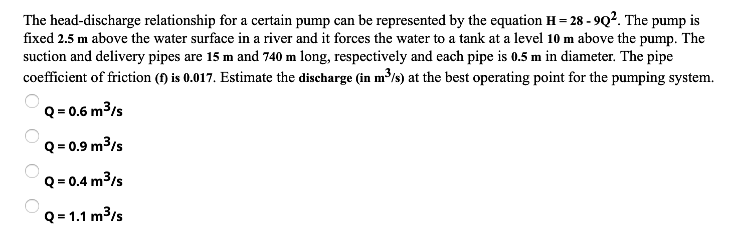 Solved The head-discharge relationship for a certain pump | Chegg.com