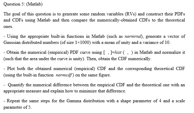 Question 5 Matlab The Goal Of This Question Is To