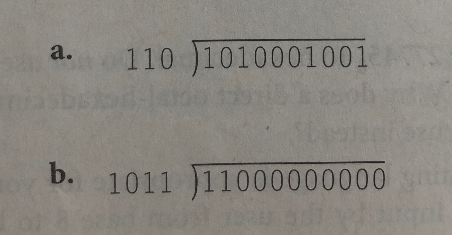 Solved a. 110 )1010001001 b. 1011 )11000000000 | Chegg.com