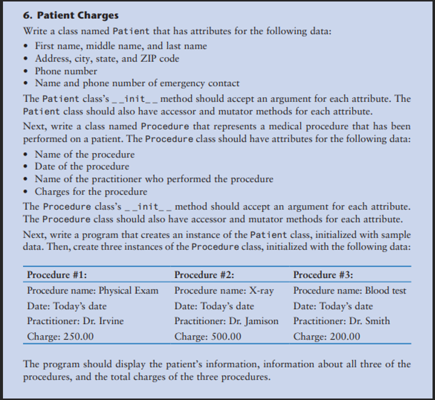 Solved 6. Patient Charges Write a class named Patient that | Chegg.com