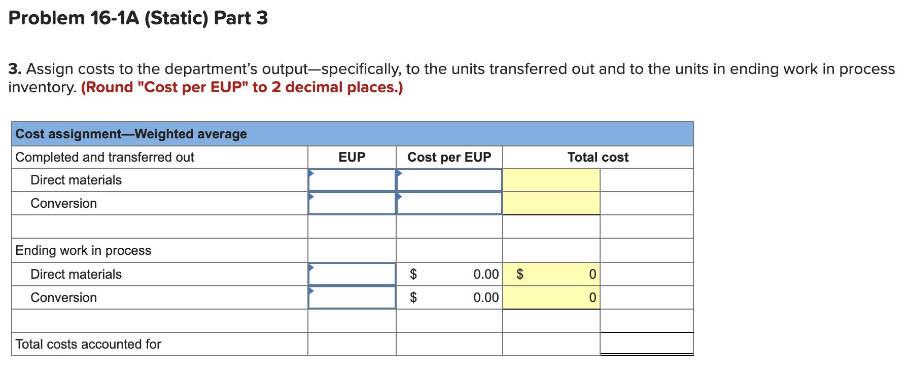 Solved Problem 16-1A (Static) Weighted average: Cost per | Chegg.com