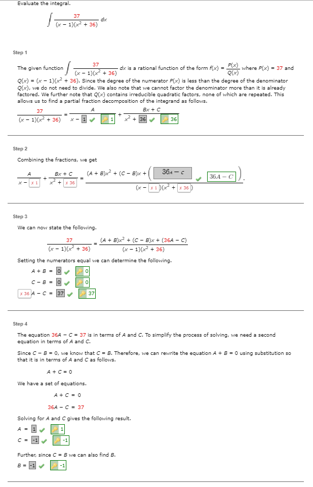 Solved Evaluate the integral. 37 (x - 1)(x2 + 36) Step 1 n = | Chegg.com