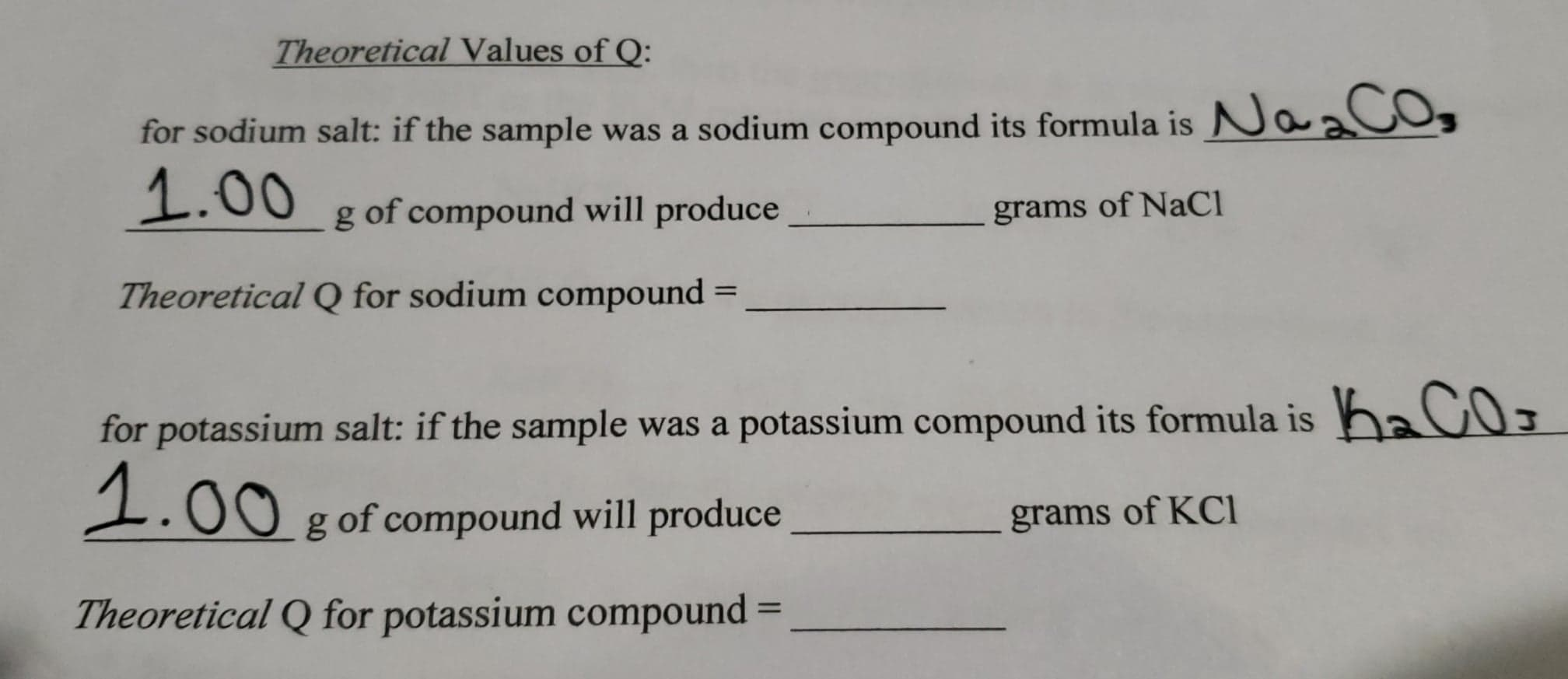 Solved Theoretical Values of Q: for sodium salt: if the | Chegg.com