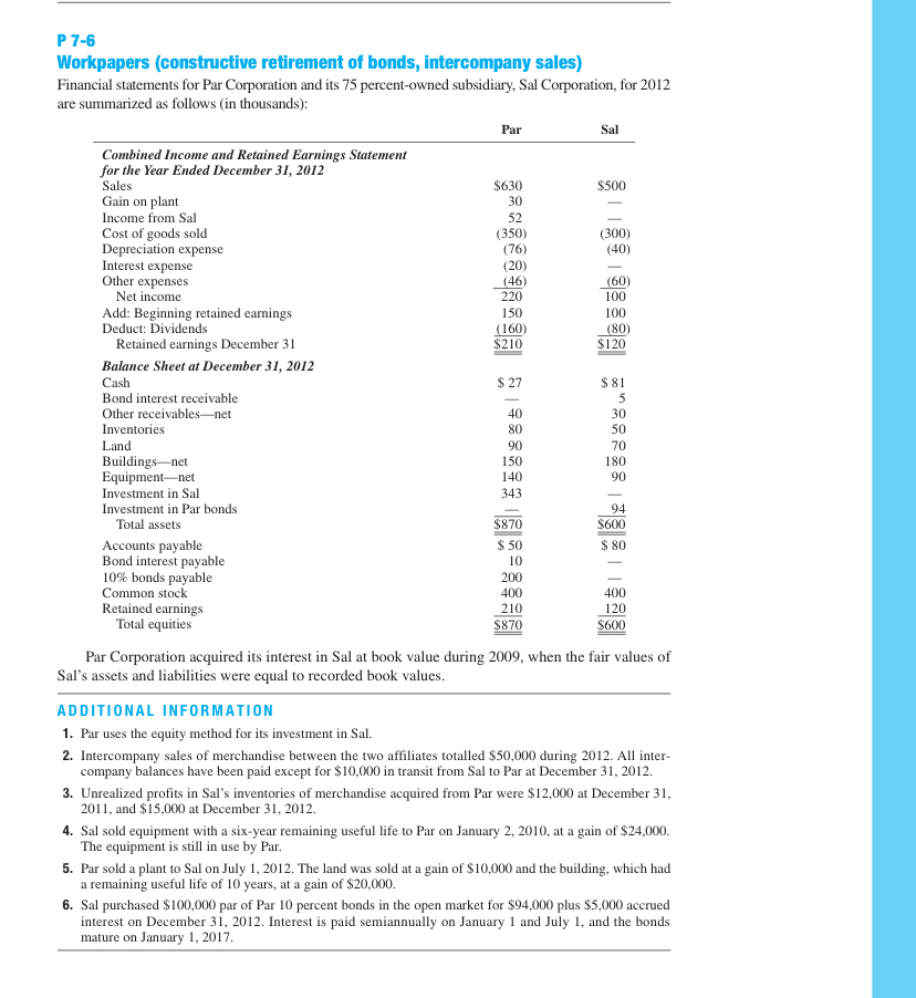 Solved Sal 30 (46) 140 P 7-6 Workpapers (constructive | Chegg.com