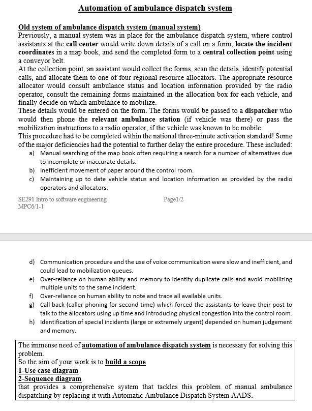 Automation of ambulance dispatch system Old system of | Chegg.com