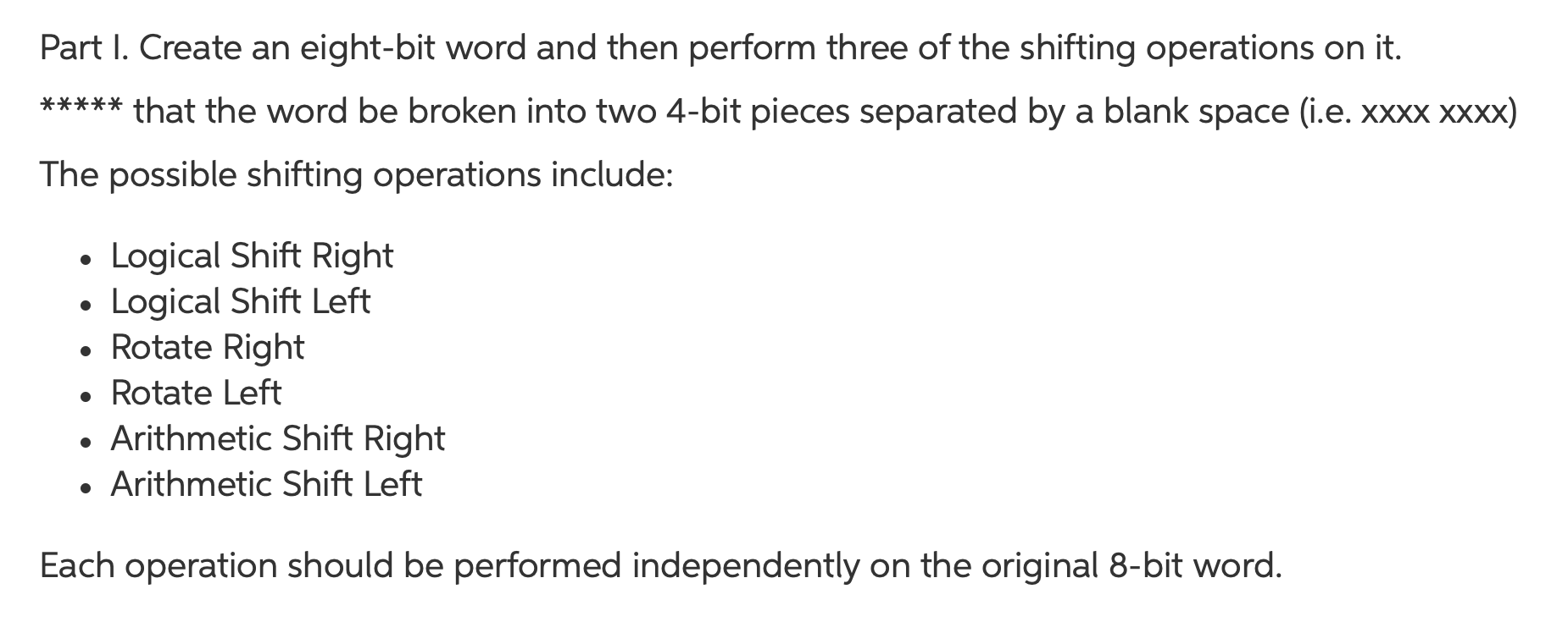 Solved Part I. Create an eight-bit word and then perform | Chegg.com