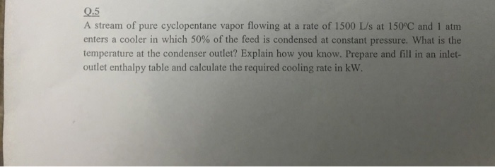 Solved Q.5 A stream of pure cyclopentane vapor flowing at a | Chegg.com