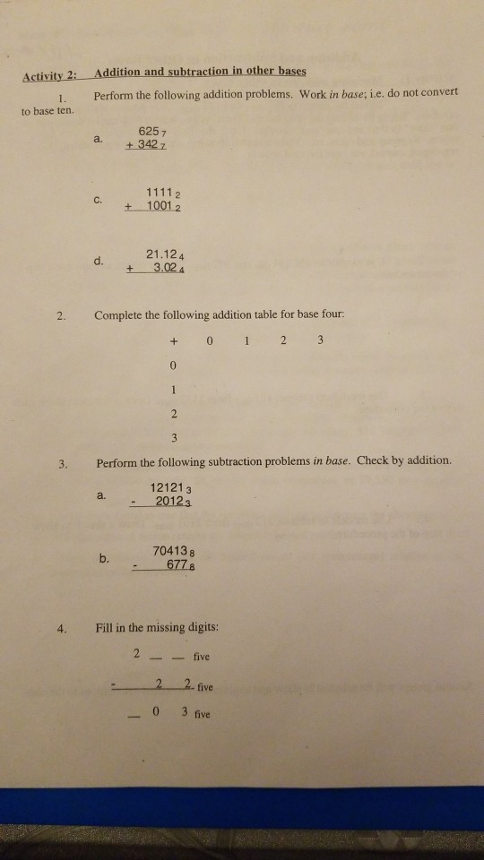 Solved HW #7 Addition and Subtraction in Other Bases | Chegg.com