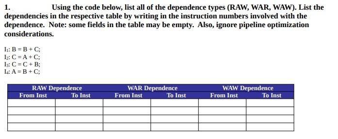Solved 1. Using the code below, list all of the dependence | Chegg.com