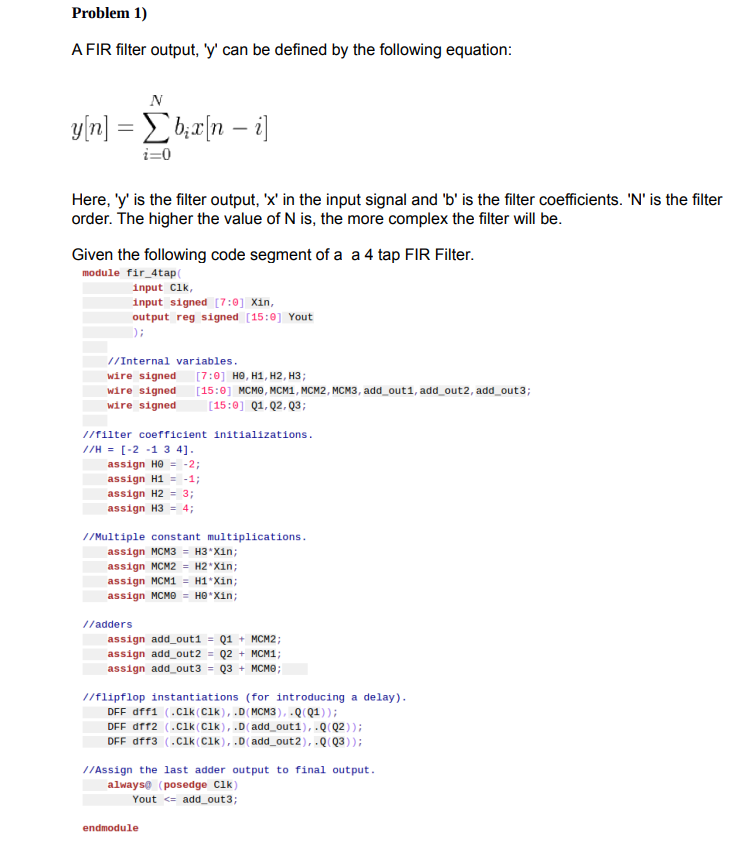 Problem 1) A FIR filter output, 'y' can be defined by | Chegg.com