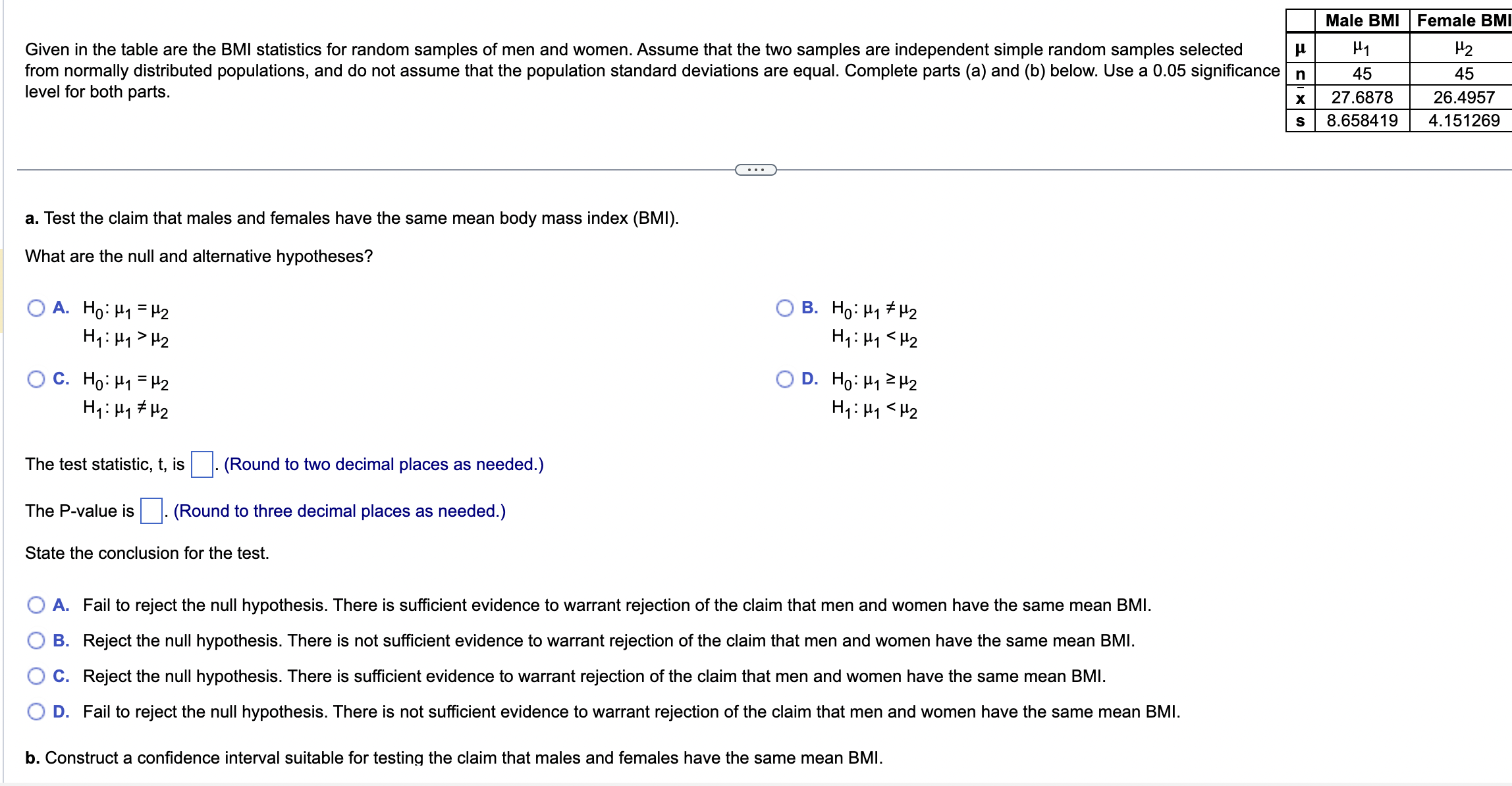 Solved Given in the table are the BMI statistics for random | Chegg.com