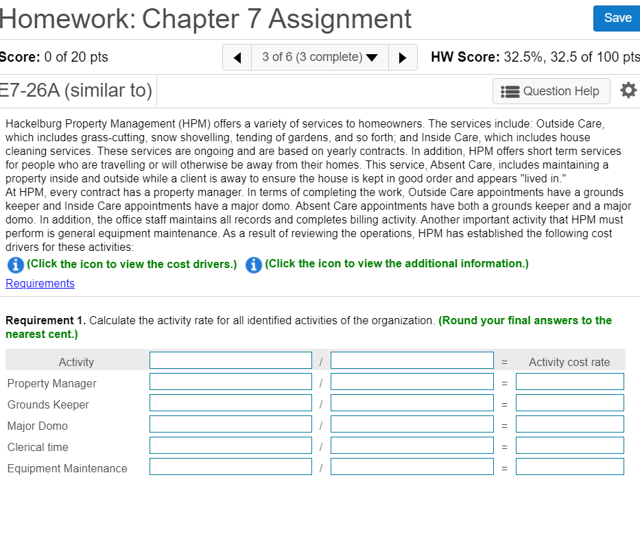 Question Save Homework Chapter 7 Assignment Score