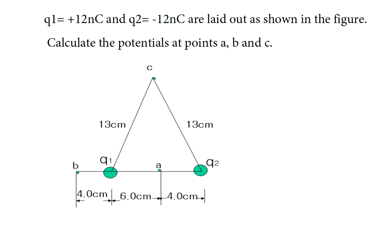 Solved ql= +12nC and q2=-12nC are laid out as shown in the | Chegg.com