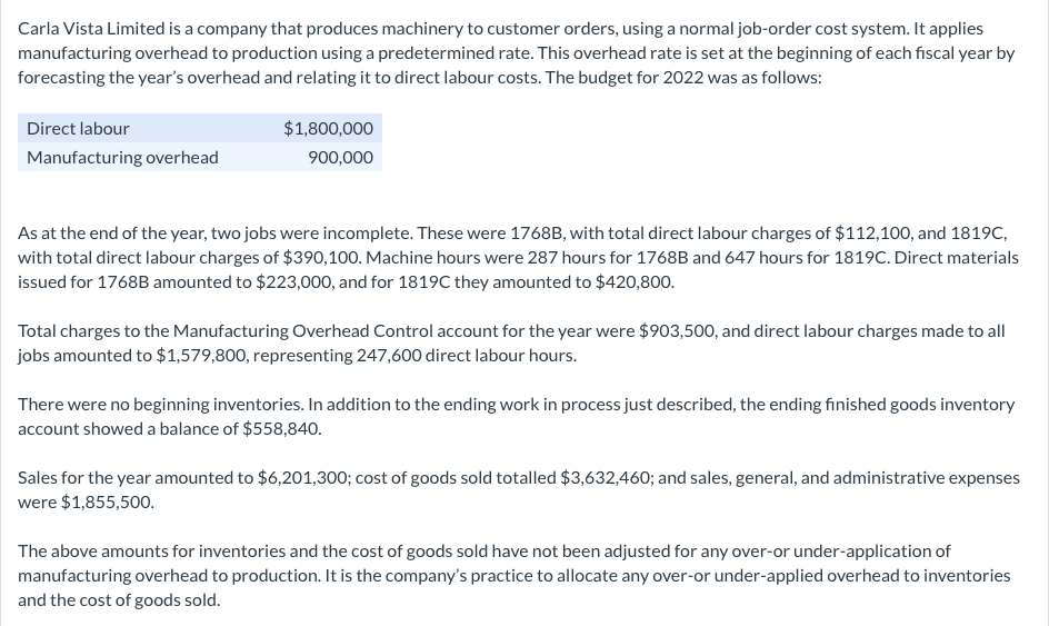 Solved Carla Vista Limited is a company that produces | Chegg.com