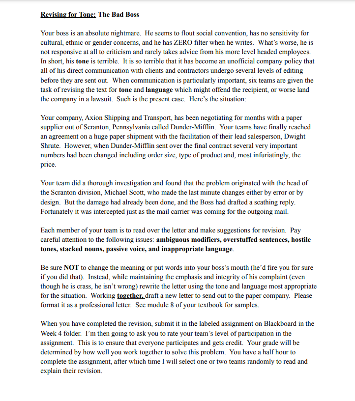 Solved Revising for Tone: The Bad Boss Your boss is an | Chegg.com