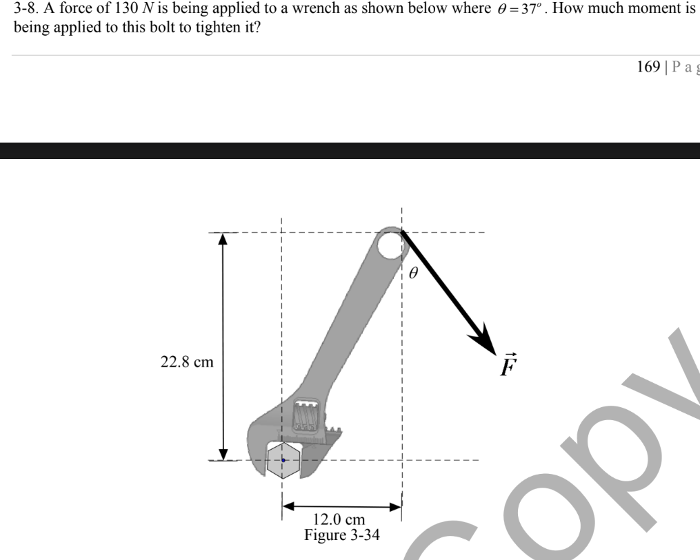 Solved 3-8. ﻿A force of 130N ﻿is being applied to a wrench | Chegg.com