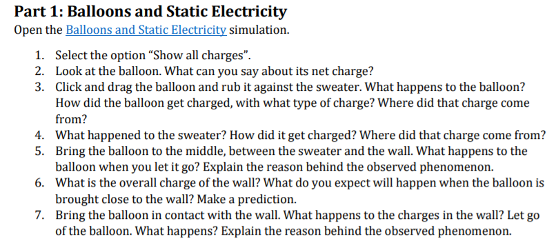 Solved Part 1: Balloons and Static Electricity Open the | Chegg.com