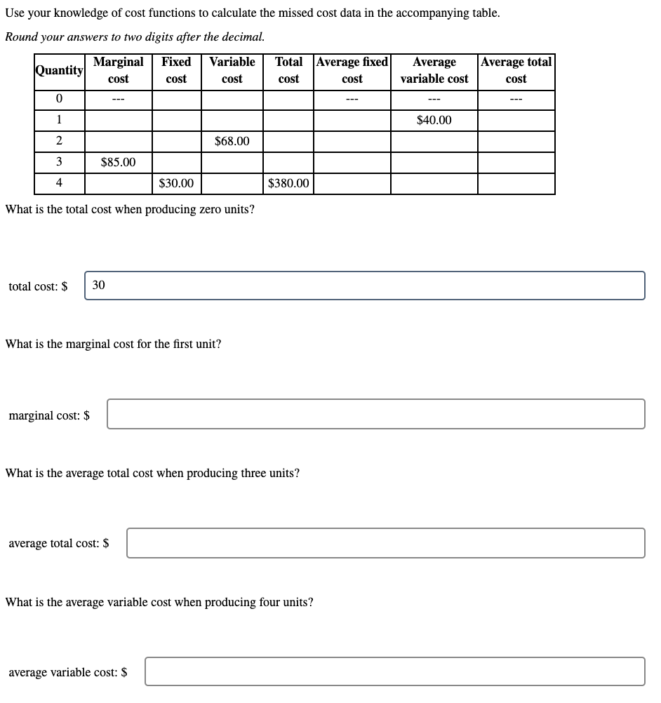 Solved Use your knowledge of cost functions to calculate the | Chegg.com