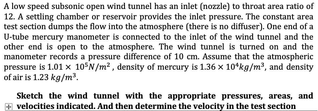 Solved A low speed subsonic open wind tunnel has an inlet | Chegg.com