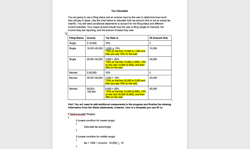 Solved Tax Calculator You are going to use a filing status | Chegg.com