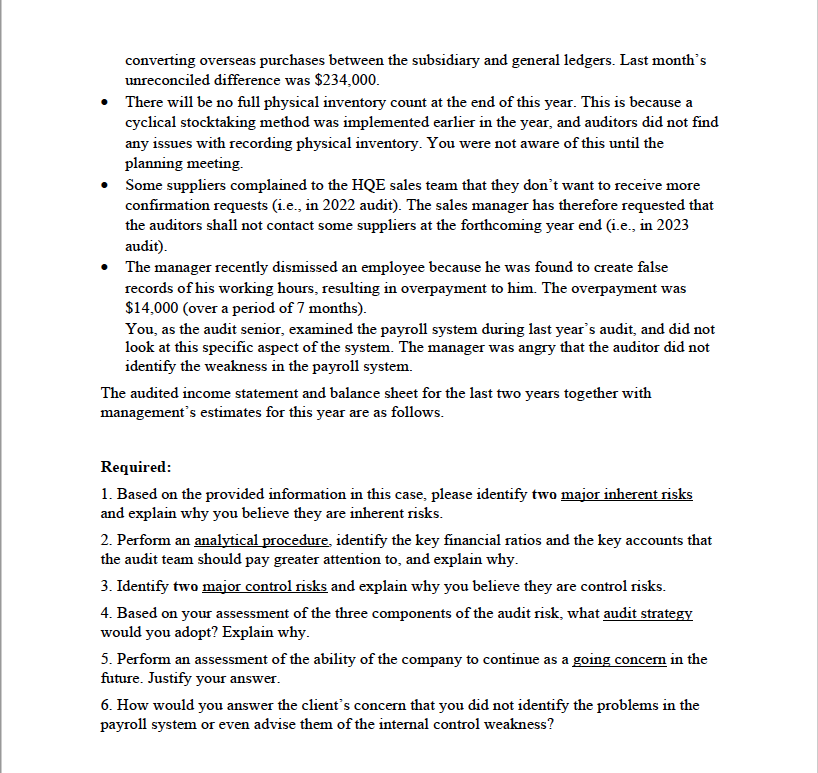 Case Information: You are the audit senior of | Chegg.com