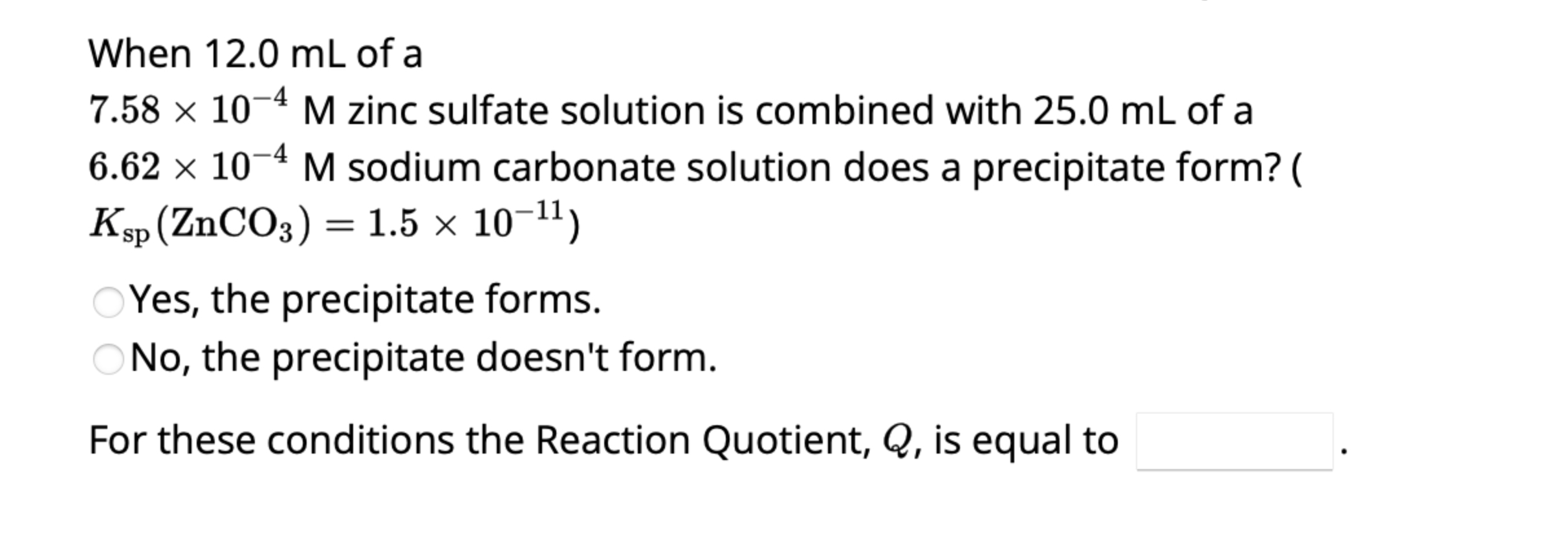 Solved When 12.0mL ﻿of a7.58×10-4M ﻿zinc sulfate solution is | Chegg.com