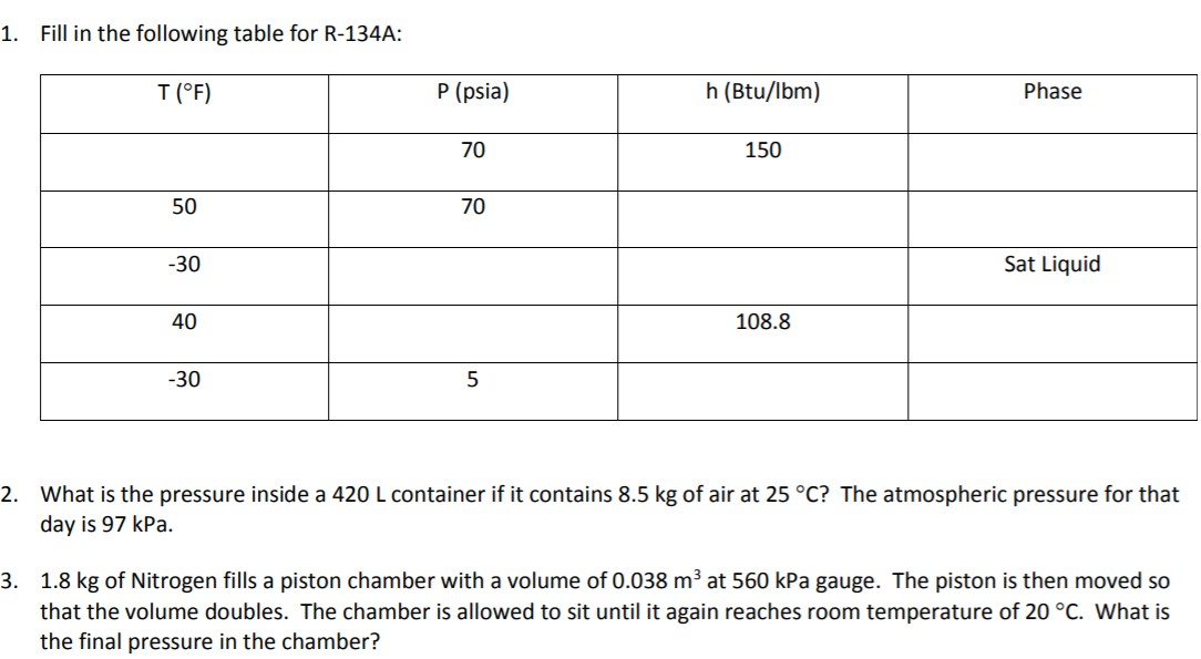 Solved 1. Fill in the following table for R-134A: T(°F) P | Chegg.com