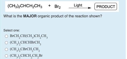 Solved (CH3)2CHCH₂CH3 + Br2 Light What is the MAJOR organic | Chegg.com