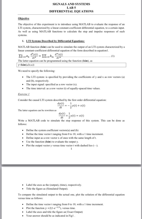 Solved SIGNALS AND SYSTEMS LAB 5 DIFFERENTIAL EQUATIONS | Chegg.com