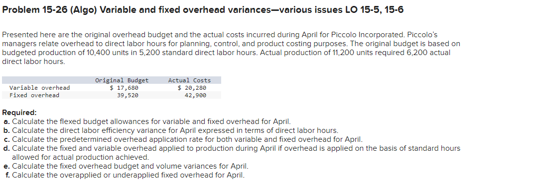 Solved Problem 15-26 (Algo) Variable and fixed overhead | Chegg.com